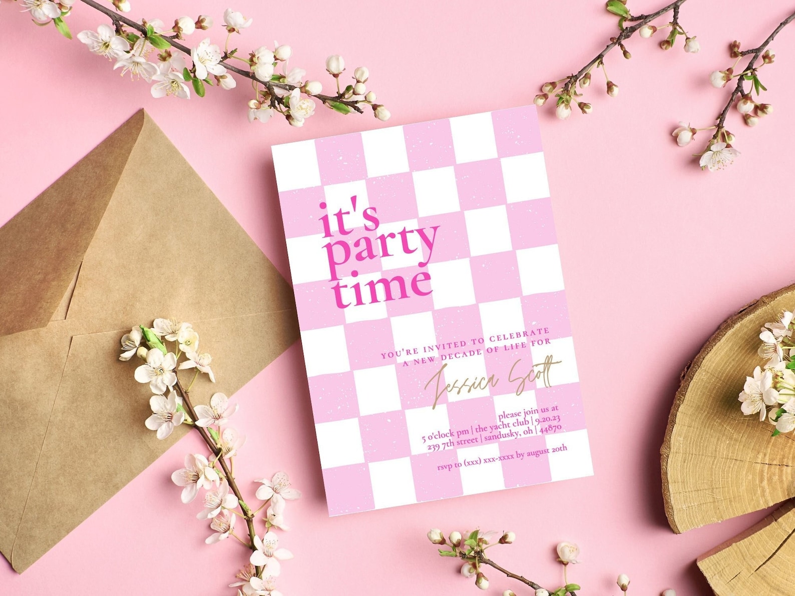 Birthday Invitation | Modern +fun | Custom Template | Pink Checkerboard ...