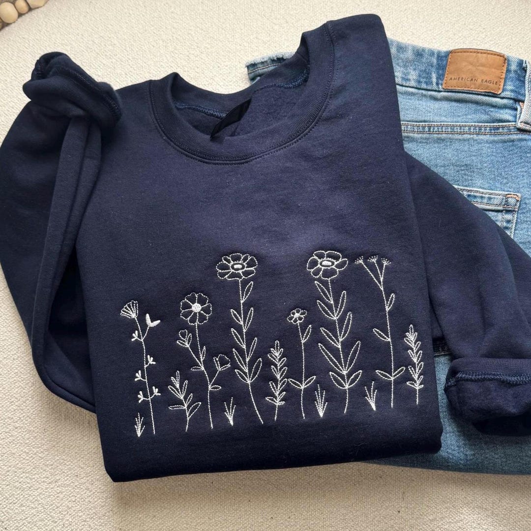 Embroidered Wildflower Sweatshirt, Floral Crewneck, Botanical Plant ...