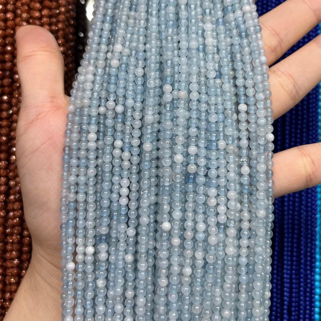 Natural Small Size Blue Aquamarine Beads Gemstone Round Loose Bead for ...