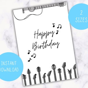 Printable Birthday Card Guitar JPG PDF Instant Download Music Bass ...