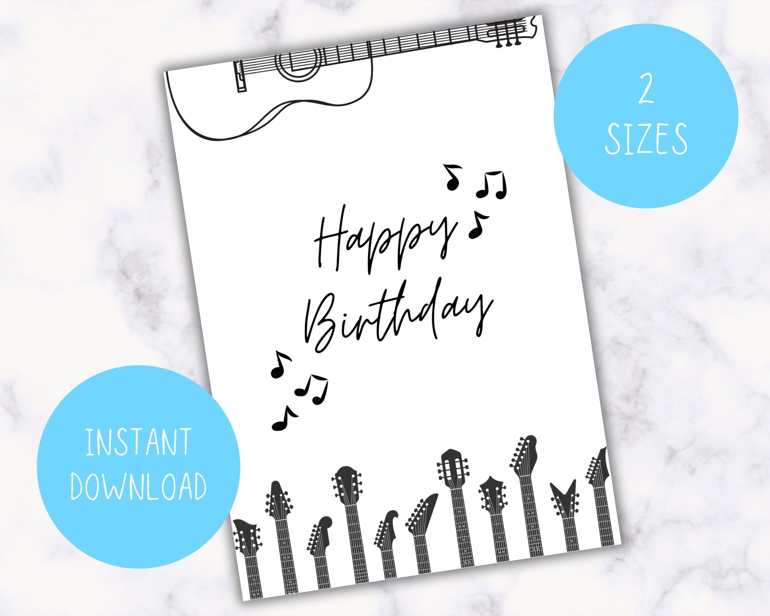 Printable Birthday Card Guitar JPG PDF Instant Download Music Bass ...