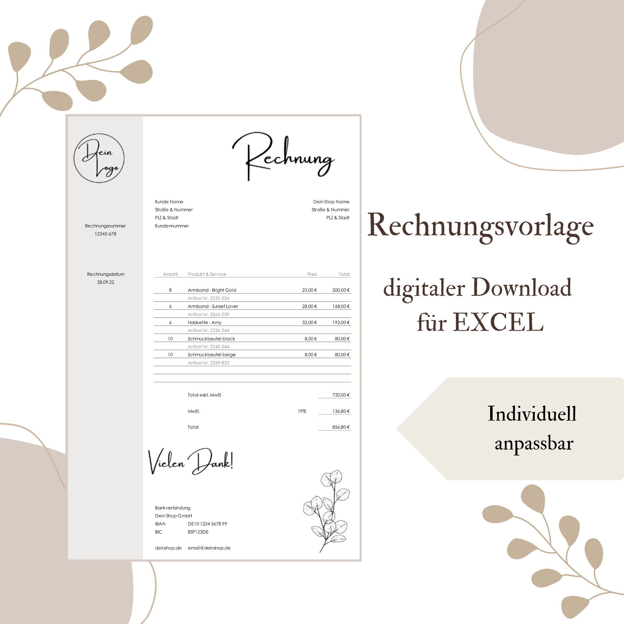 Invoice Template Digital & Personalized as Excel Download for Your ...