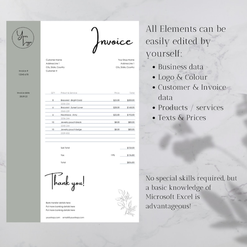 Invoice Template Digital & Editable in Microsoft Excel for Your Small ...