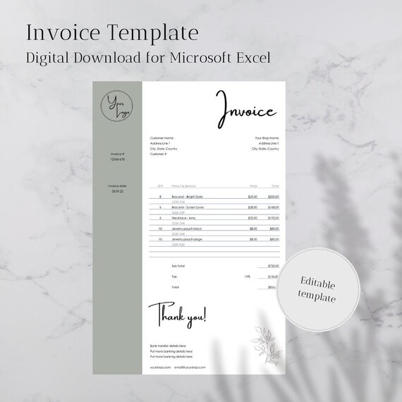 Invoice Template Digital & Editable in Microsoft Excel for - Etsy