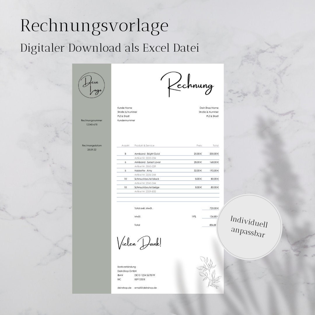 Invoice Template Digital & Personalized as Excel Download for Your ...
