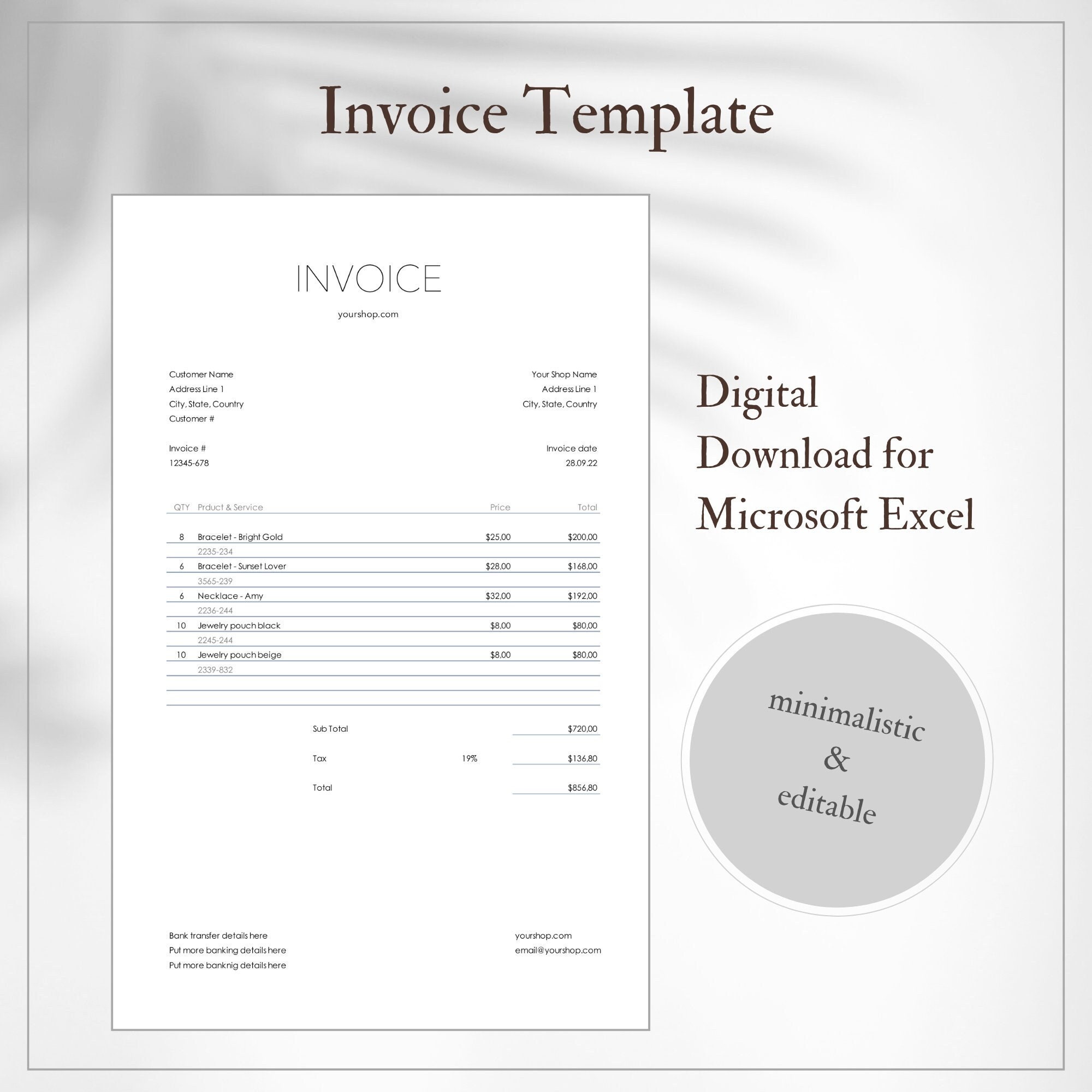 Invoice Template Digital & Editable in Microsoft Excel for Your Small ...