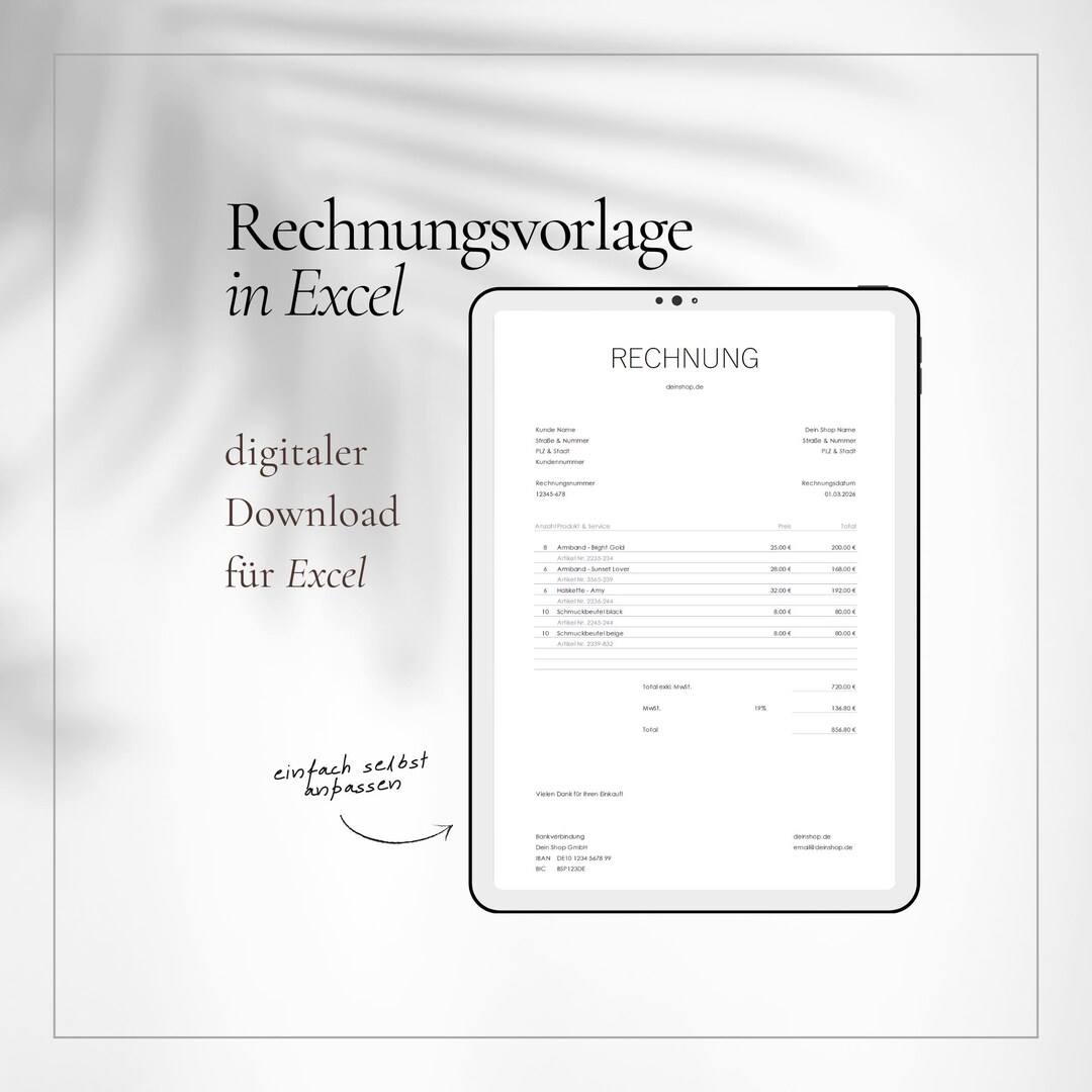 Rechnungsvorlage digital & personalisiert als Excel Download für dein ...