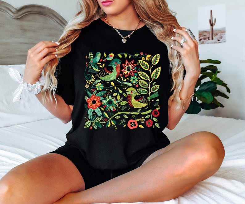 Vintage Cottagecore Nordic Birds and Flowers Scandi Folk Art Comfort Colors® Tee Shirt Cottage ...