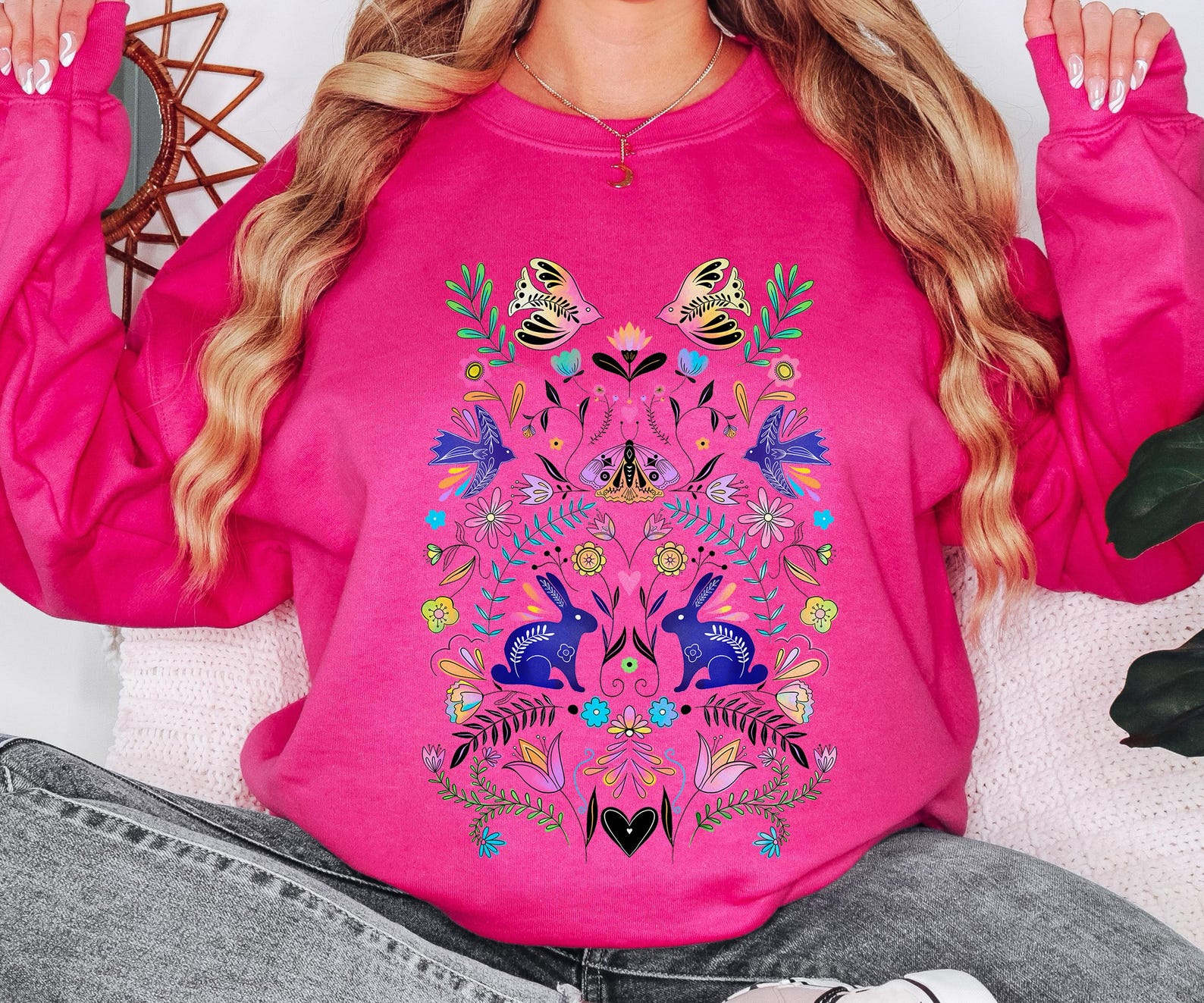 Vintage Cottagecore Nordic Birds and Flowers Scandi Folk Art Sweatshirt ...