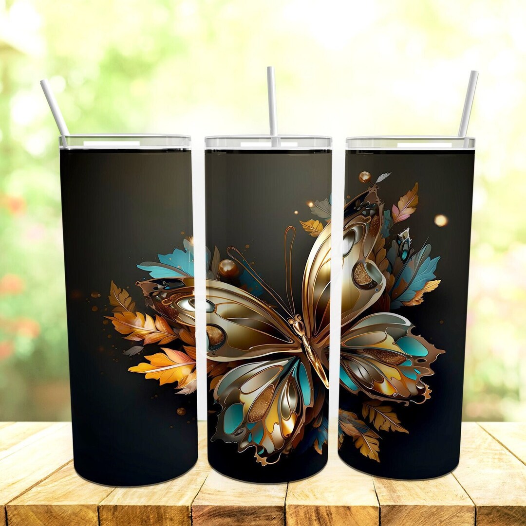 3D Golden Butterfly 20 Oz Skinny Tumbler Straight and Tapered Tumbler ...