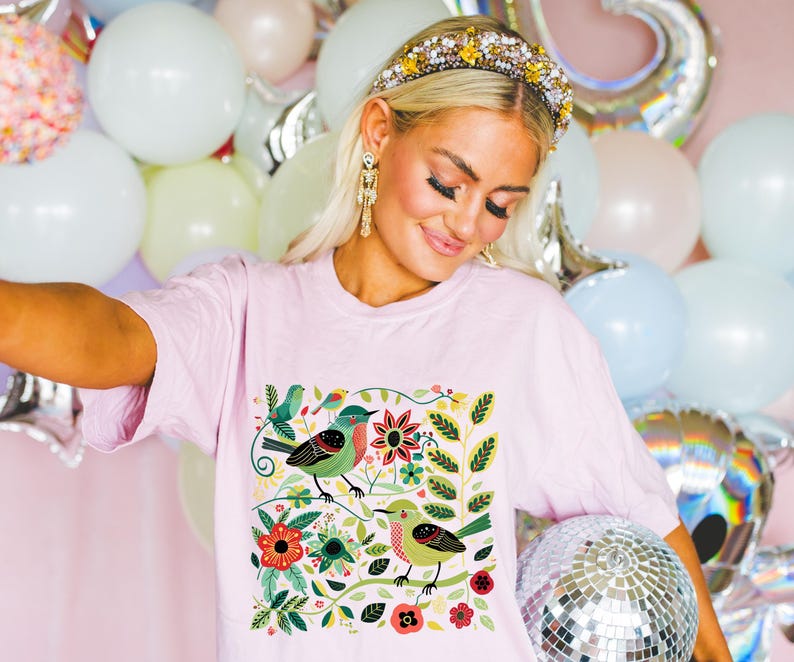 Vintage Cottagecore Nordic Birds and Flowers Scandi Folk Art Comfort Colors® Tee Shirt Cottage ...