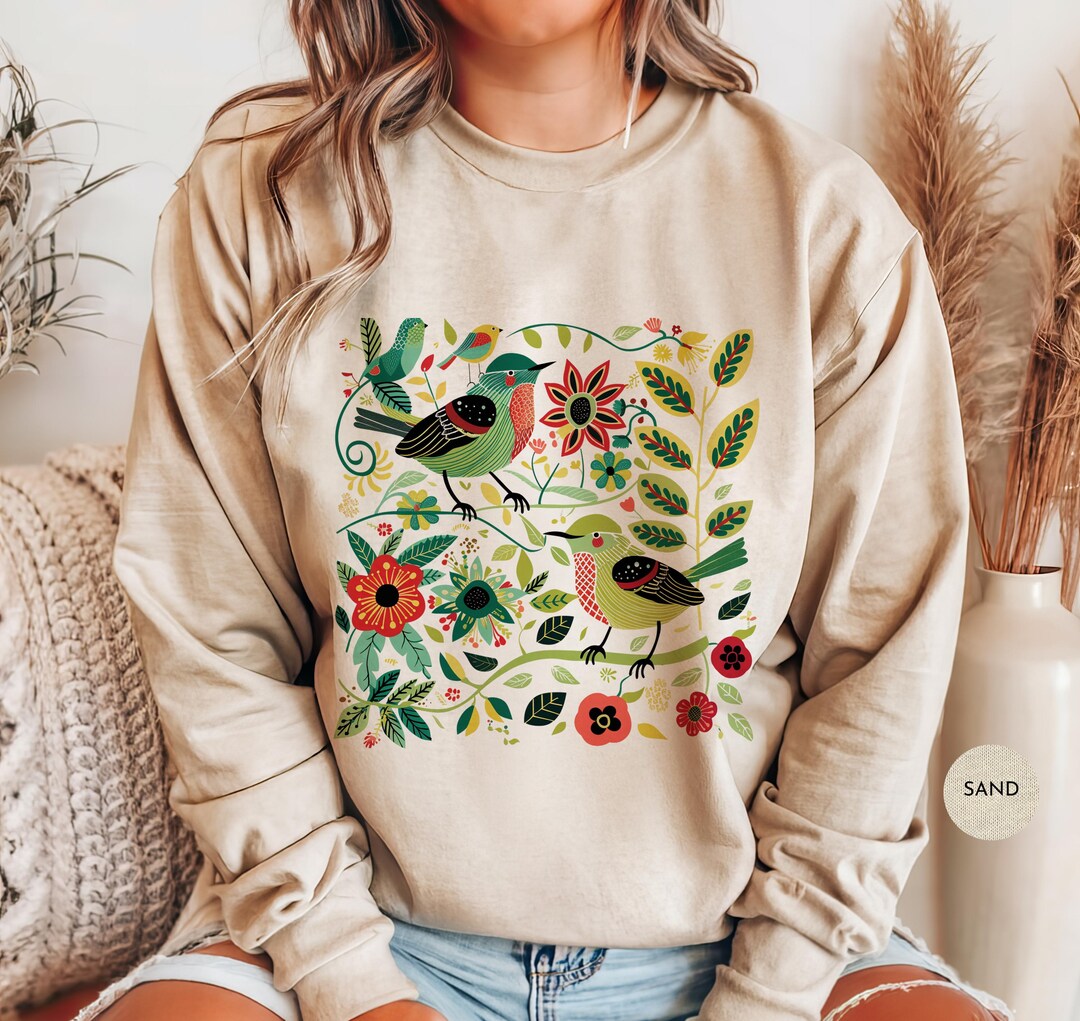 Vintage Cottagecore Nordic Birds and Flowers Scandi Folk Art Sweatshirt ...