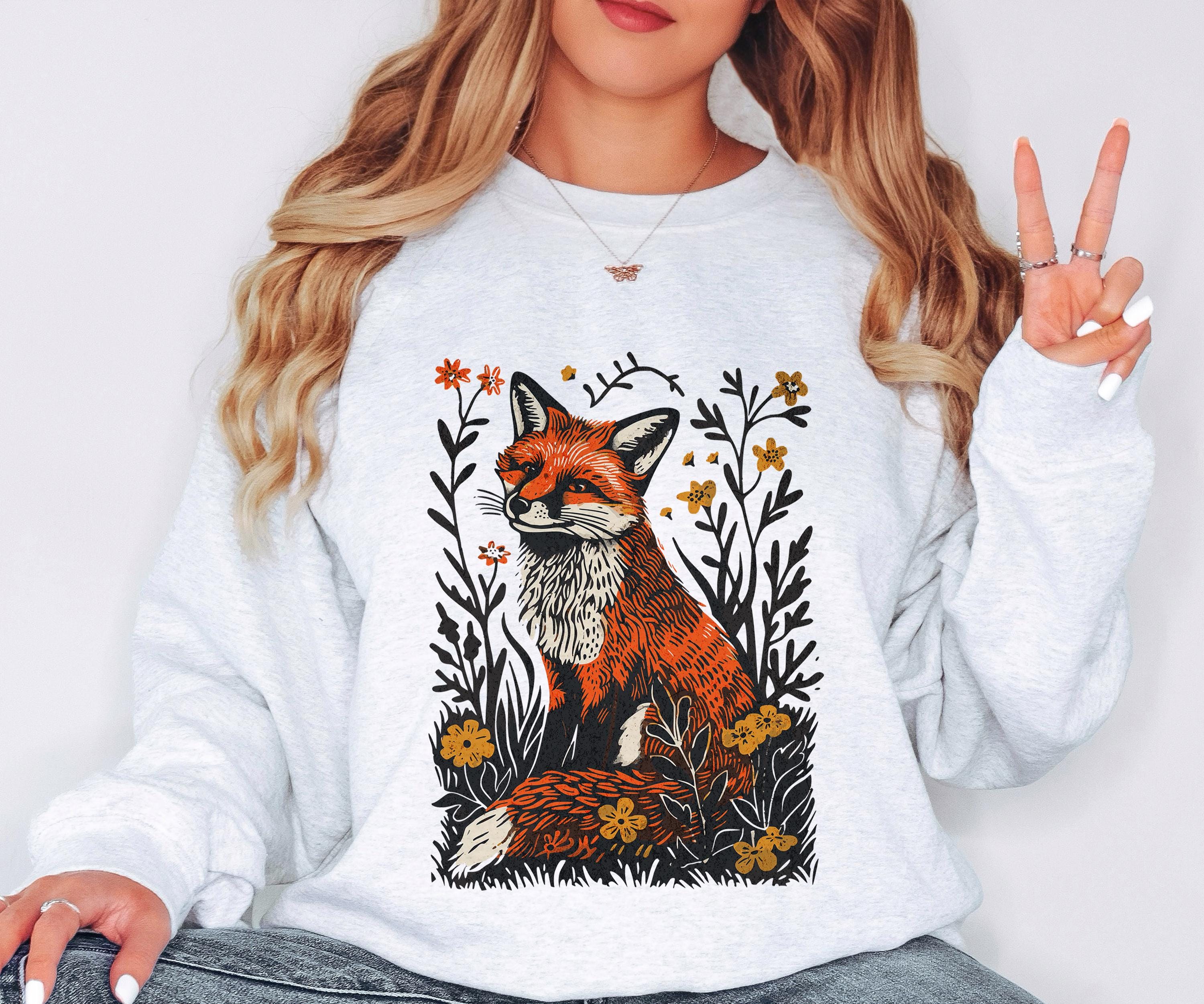 Folk Art Fox Forest Flower Nature Sweatshirt Wildlife Sweatshirt Boho ...