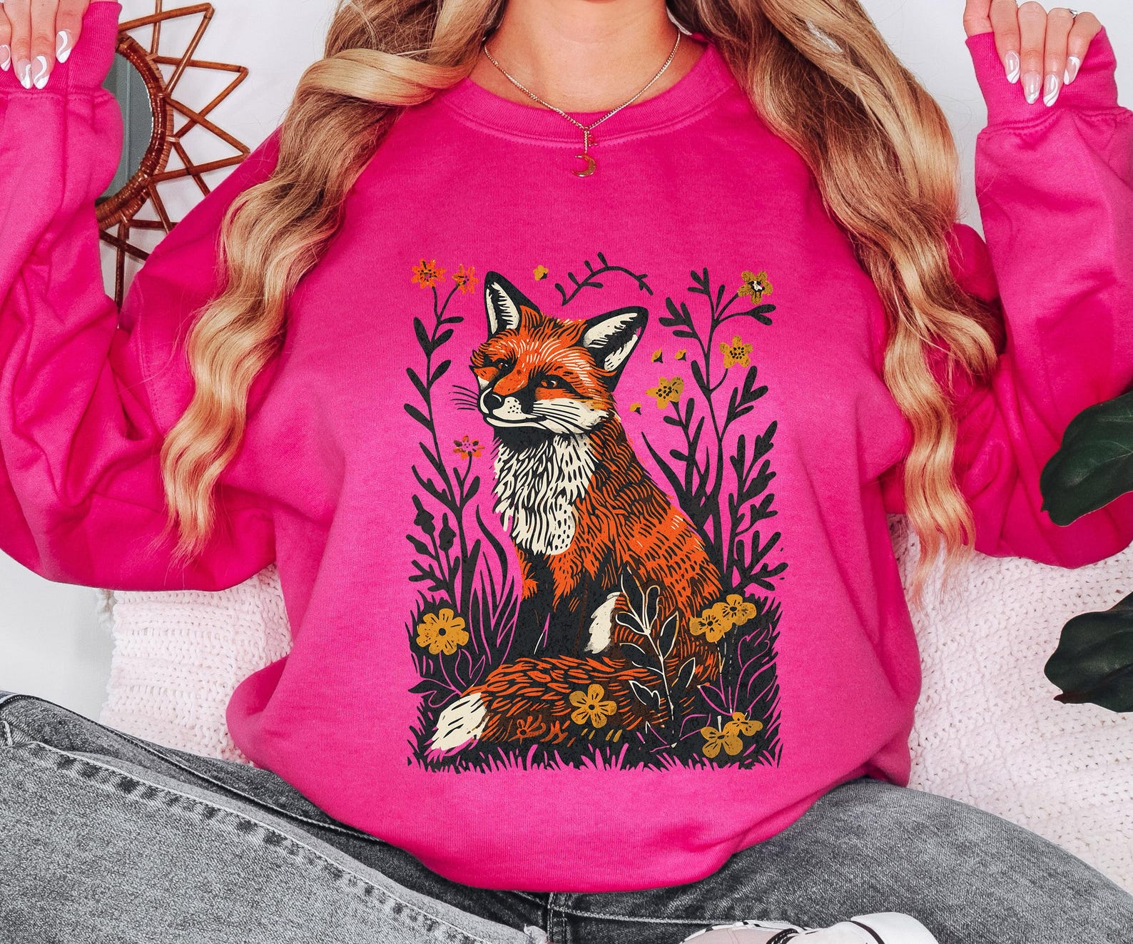 Folk Art Fox Forest Flower Nature Sweatshirt Wildlife Sweatshirt Boho ...