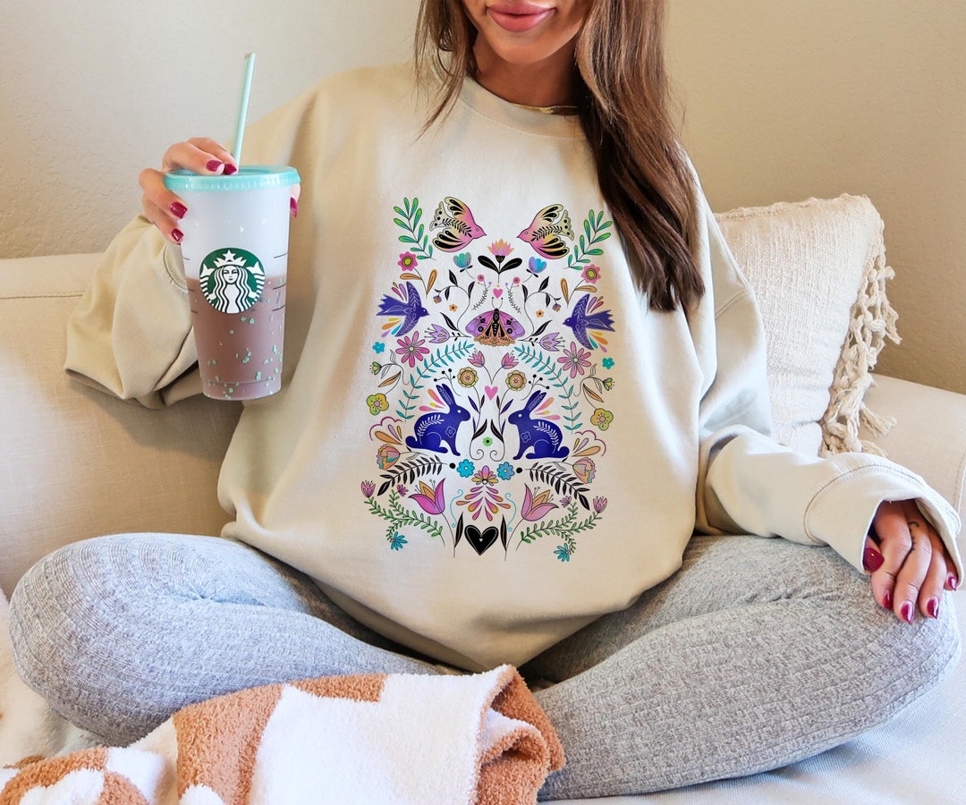 Vintage Cottagecore Nordic Birds and Flowers Scandi Folk Art Sweatshirt ...