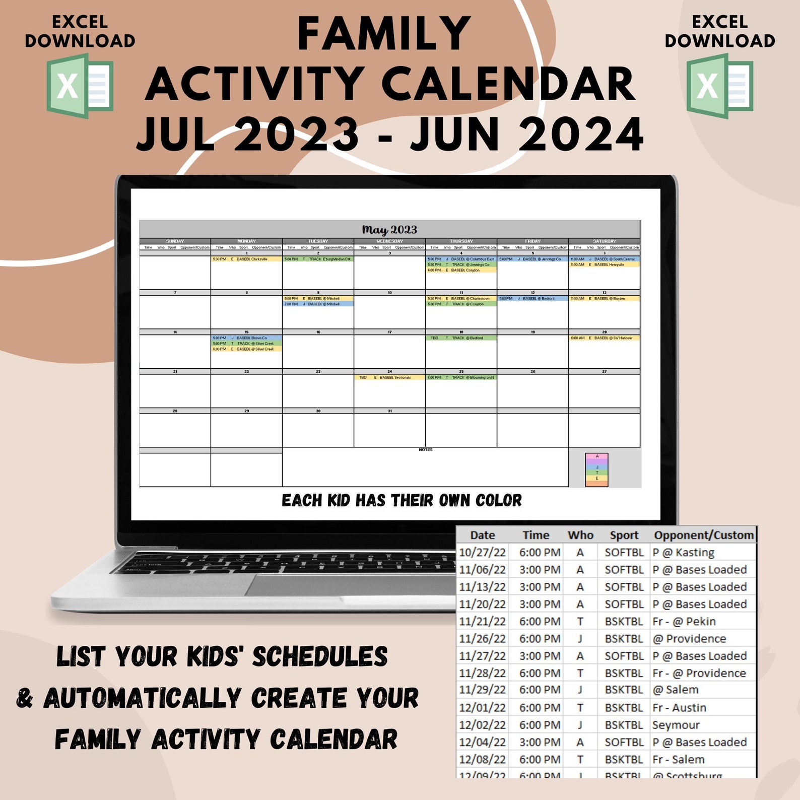 Digital Family Activity Calendar, Sports Calendar, Family Schedule ...