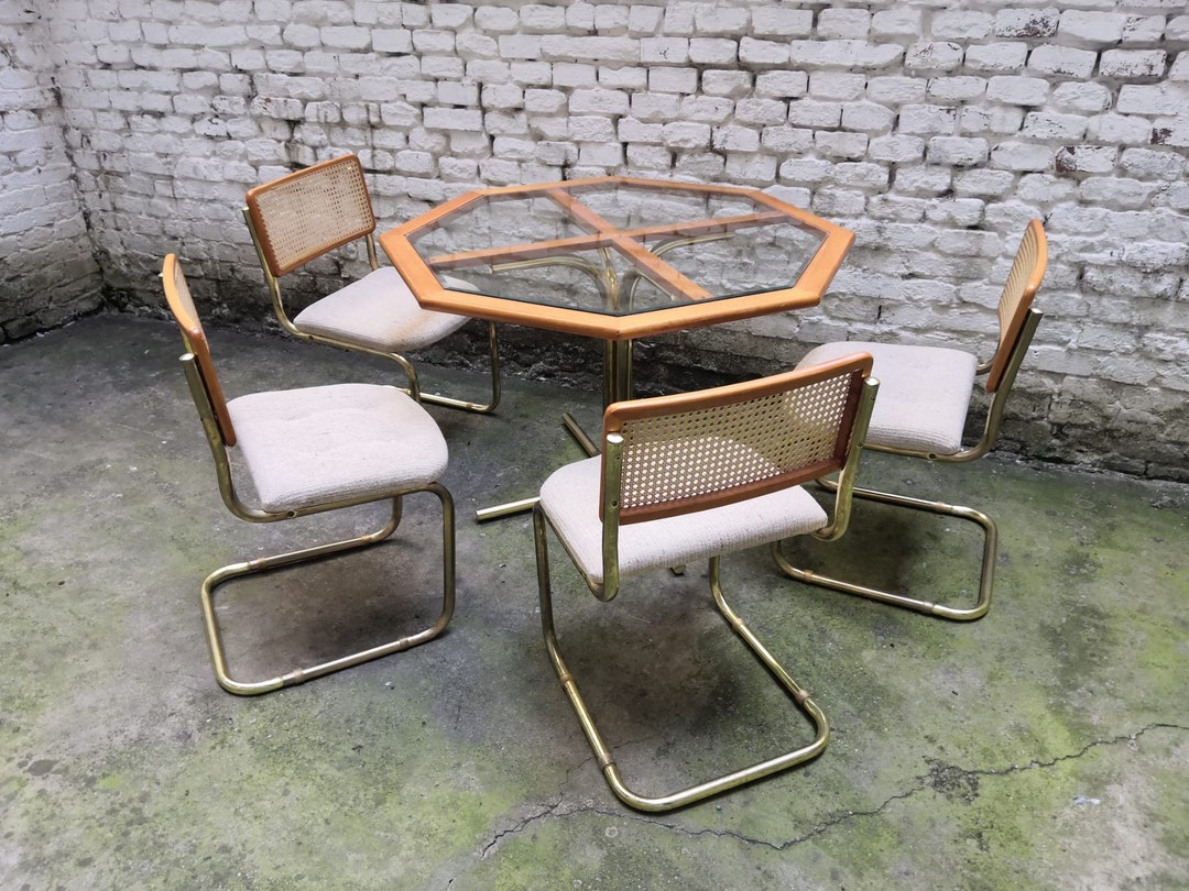 Octagonal Brass & Glass Dining Table and 4 Chairs - Etsy