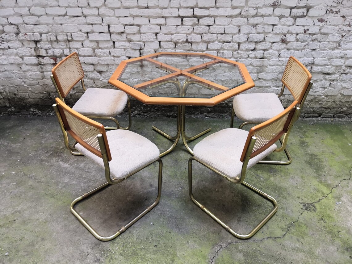 Octagonal Brass & Glass Dining Table and 4 Chairs - Etsy