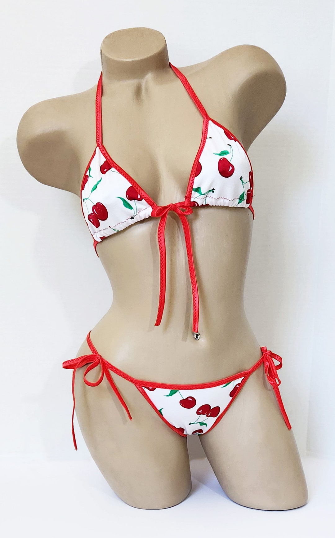 Cherry String Bikini With Front Tie Top! Red Cherries With Red Trim! - Scrunched or Not - Custom ...