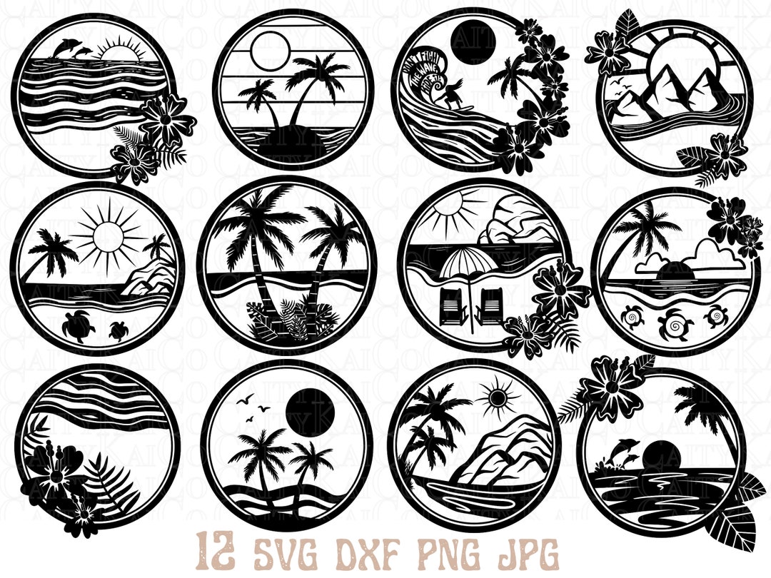 Tropical Beach Scene SVG Bundle of 12, Island Beach Svg, Palm Tree Svg ...