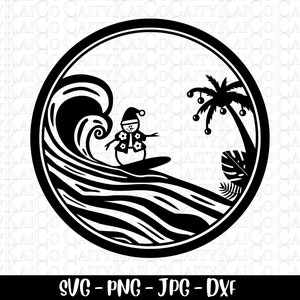 Surfing Snowman Svg, Beach Christmas Svg, Tropical Beach Scene Svg ...