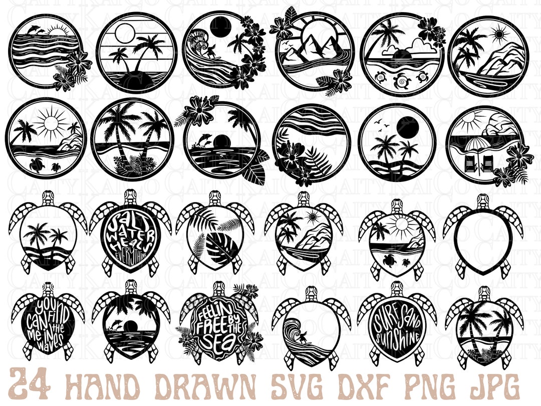 Sea Turtle and Tropical Beach Scene SVG Bundle of 24, Beach Svg Bundle ...