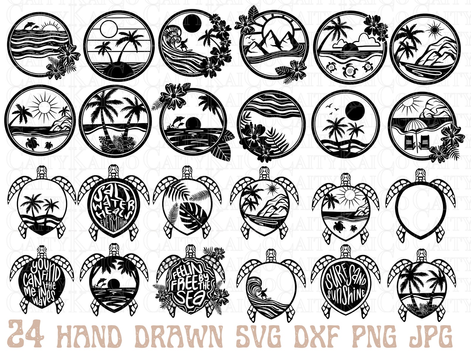 Sea Turtle and Tropical Beach Scene SVG Bundle of 24, Beach Svg Bundle ...