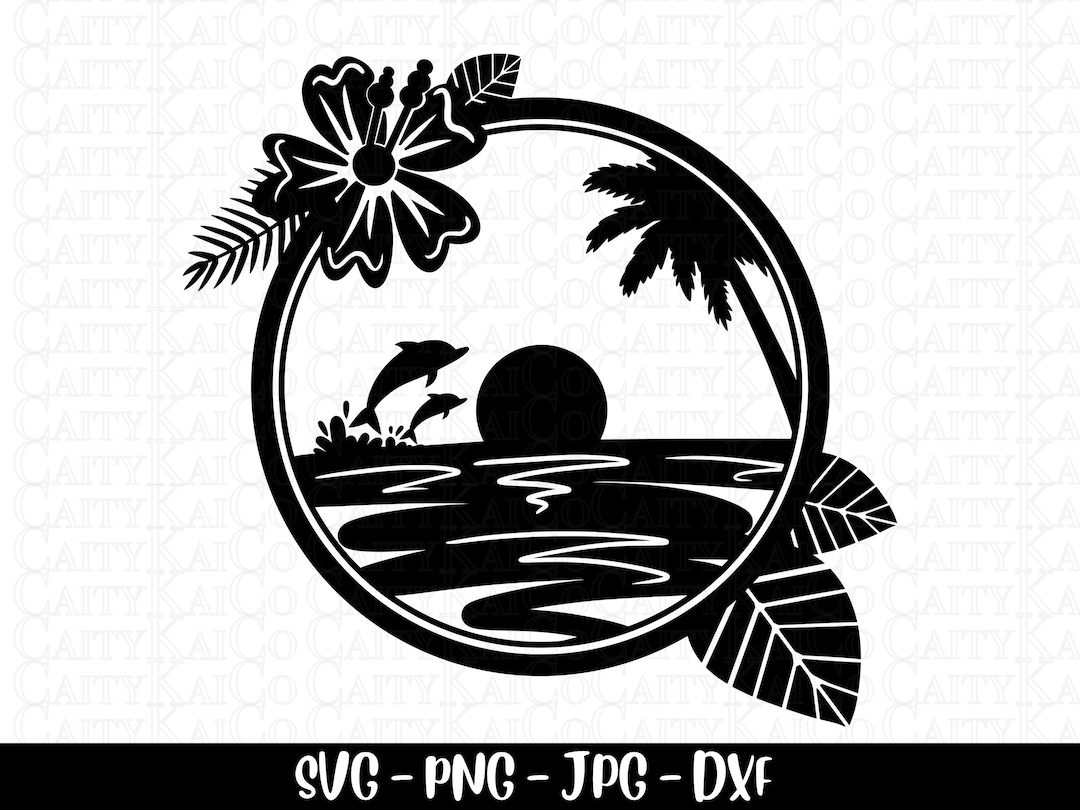 Dolphin SVG, Tropical Beach Scene Svg, Beach Svg, Hand Drawn Dolphin ...