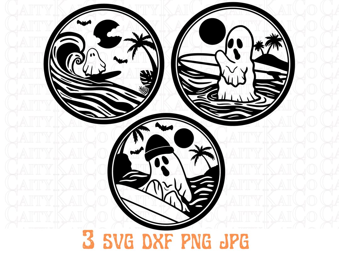 Surfing Ghost Halloween Beach SVG Bundle of 3, Tropical Beach Scene SVG ...