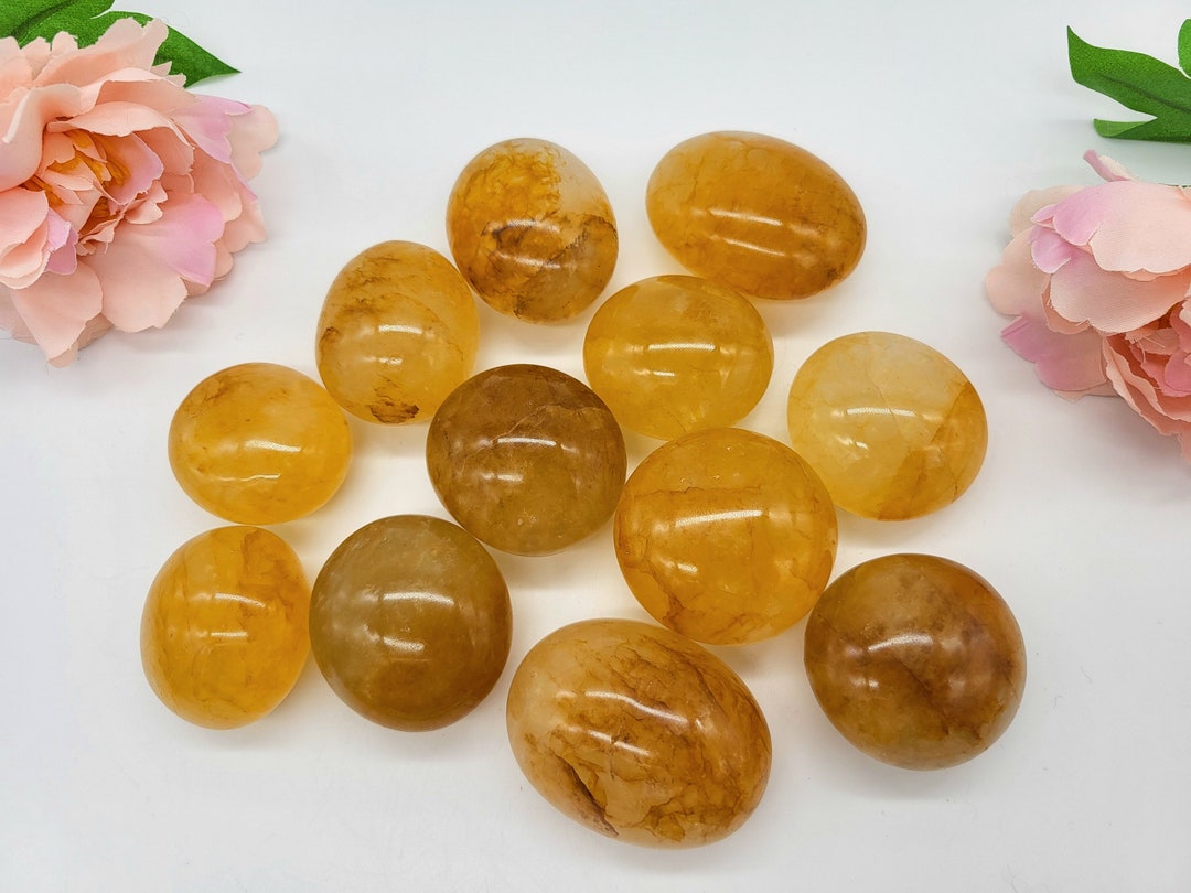 Yellow Golden Healer Quartz Palm Stones - Natural Hematoid Crystal ...