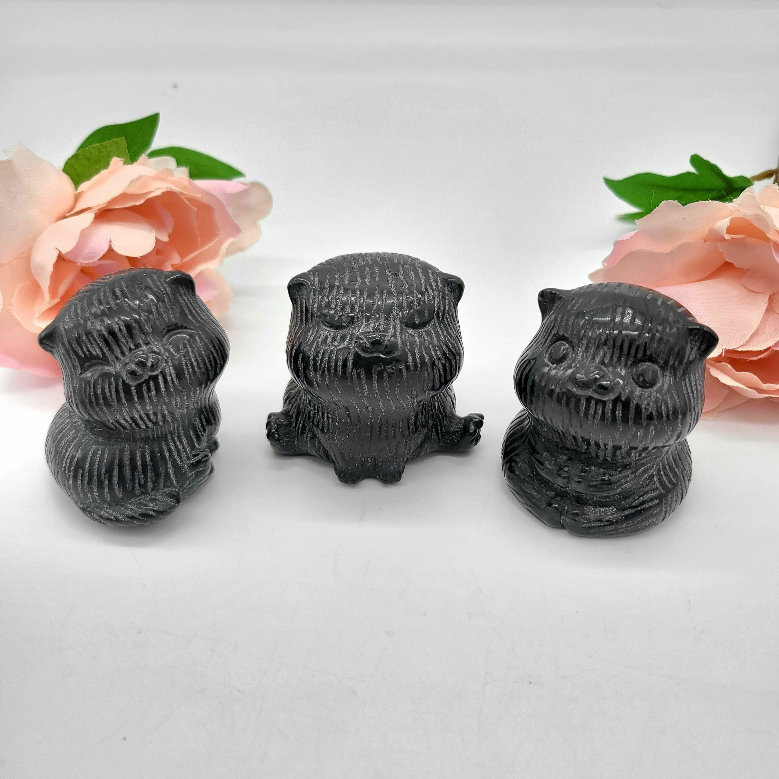 Obsidian Crystal Cat Carvings - Cute Animal Carving - Real Hand Carved ...