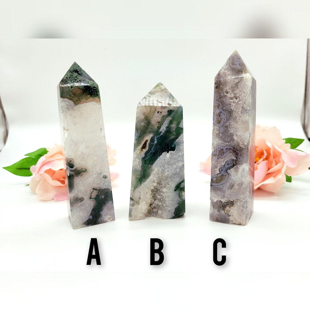 Druzy Moss Agate Towers Medium Size Beautiful Patterned Moss Agate Obelisks You Choose Crystal ...