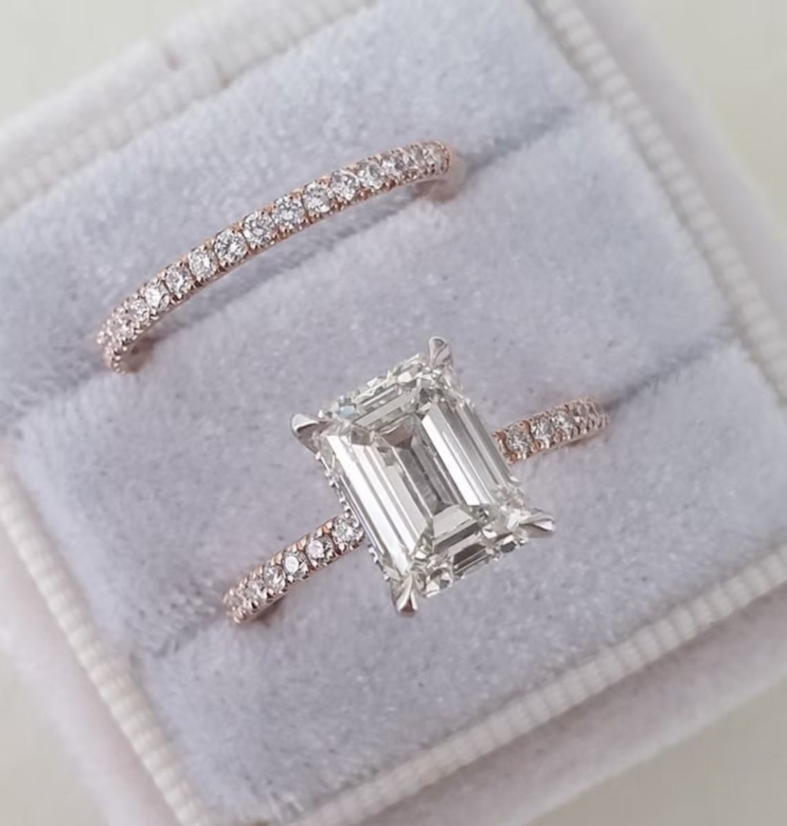14K Solid Rose Gold Anniversary Ring Set Emerald Cut Diamond - Etsy