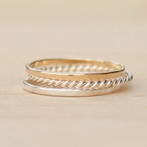 14K Solid Gold Stacking Rings Set Twisted, Hammered & Plain Bands Mixed ...
