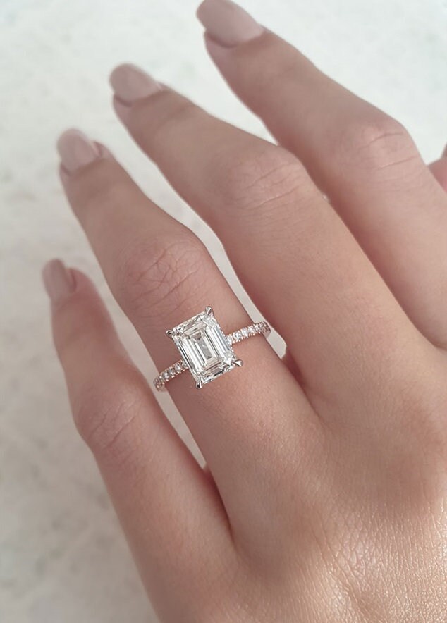 14K Solid Rose Gold Anniversary Ring Set Emerald Cut Diamond - Etsy