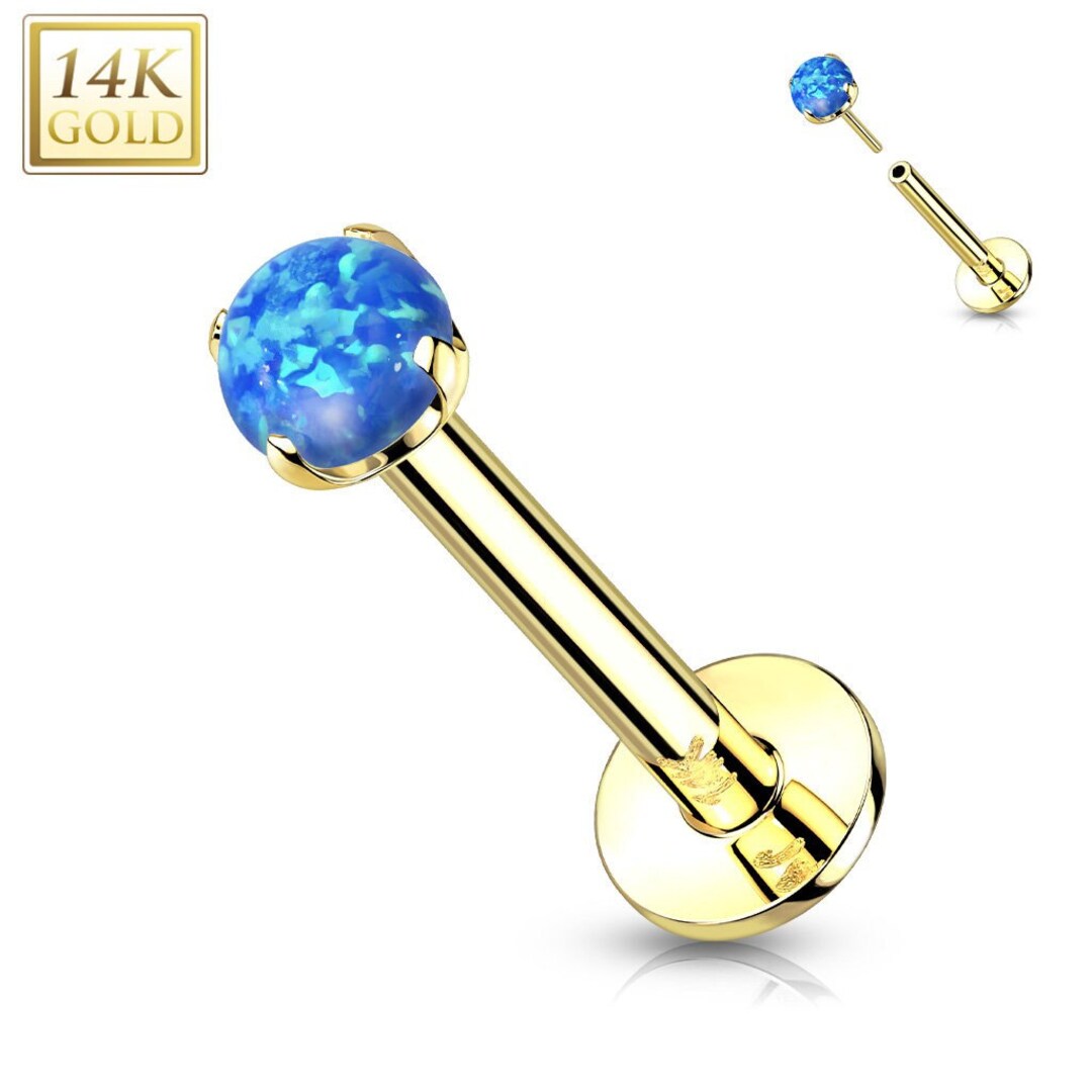 14K Gold Threadless Push-in Labret 18 GAUGE, Flat Back Studs With Opal ...