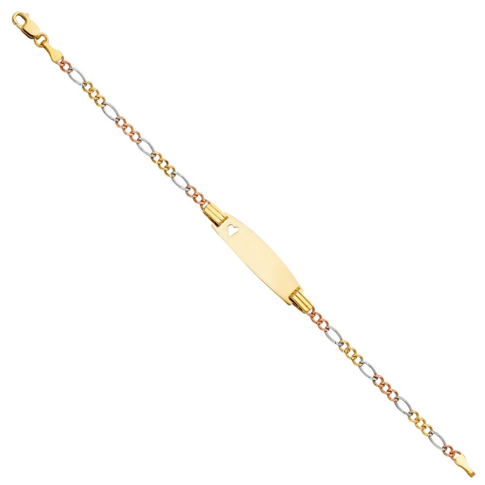 14K 3 Tone Gold 060 Figaro 3+1 3C Baby Oval ID With Heart Bracelet 6 ...