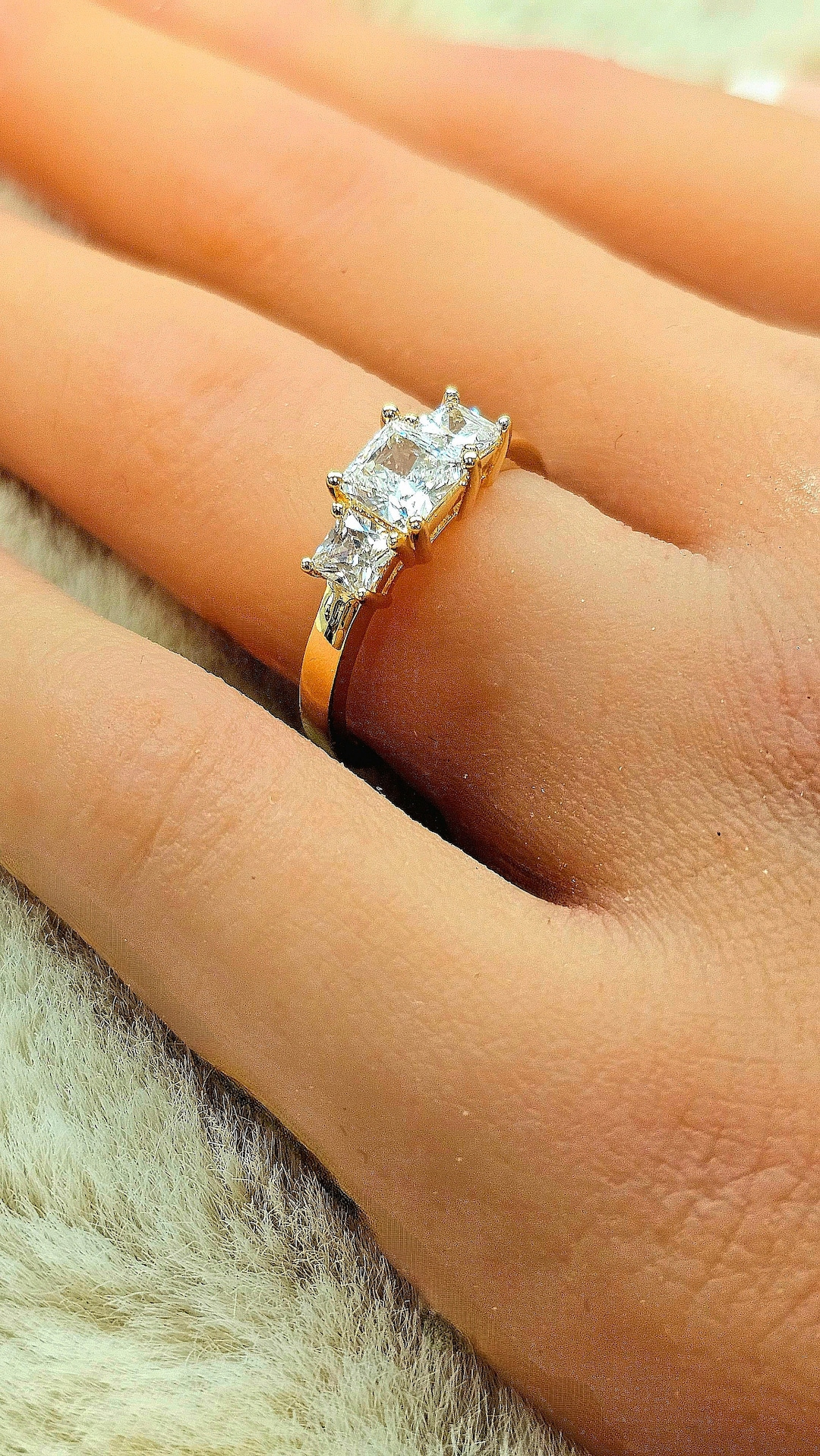 3-stone Square-cut Engagement Ring in 14K Yellow Gold Wedding With ...