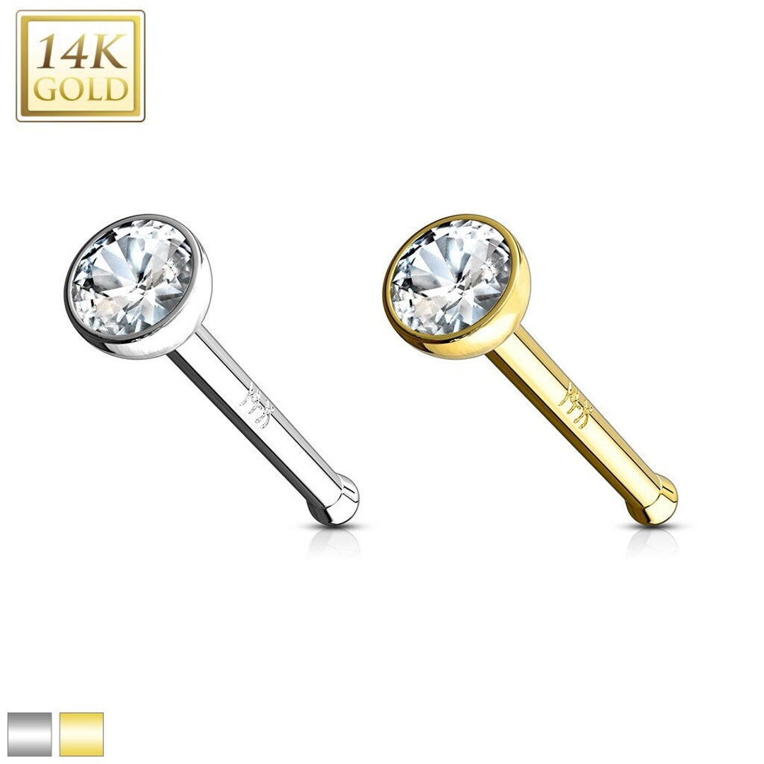 14K Solid Gold Nose Stud Bezel Set CZ Fishtail Nose Rings Clear Gem ...