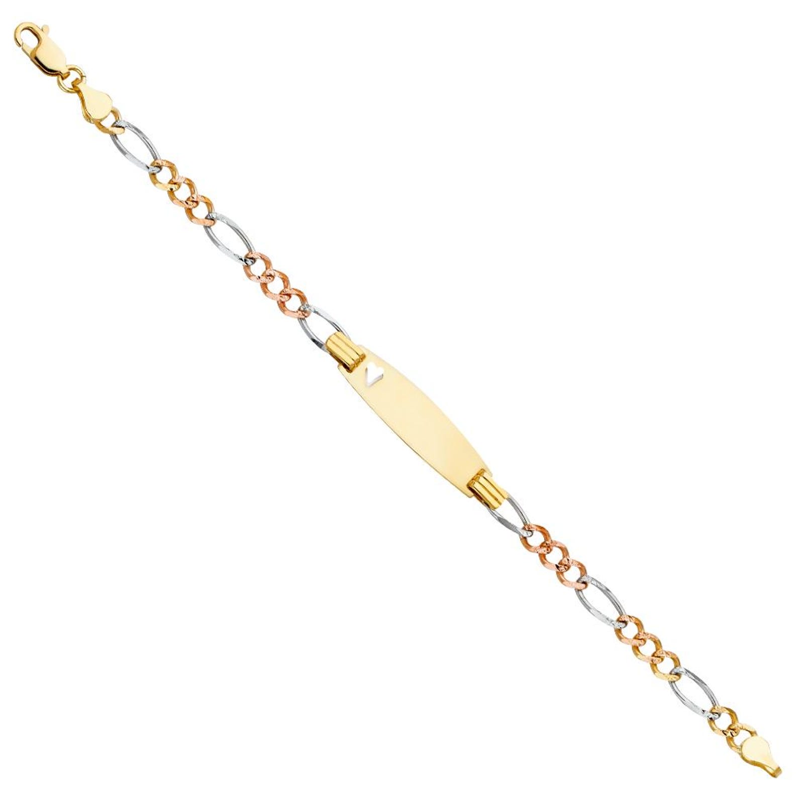 14K 3 Tone Gold 060 Figaro 3+1 3C Baby Oval ID With Heart Bracelet 6 ...