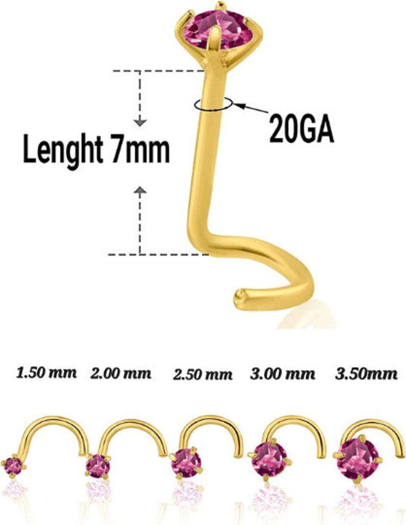 Pink Tourmaline 14K Gold Nose Stud , 14K Solid Gold in Twisted Crooked ...