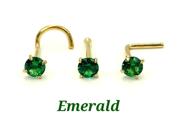 Emerald 14K Gold Nose Ring 20GA , Optional Gemstone , Post Lenght 7mm, Nostril Stud , Nose Ring ...