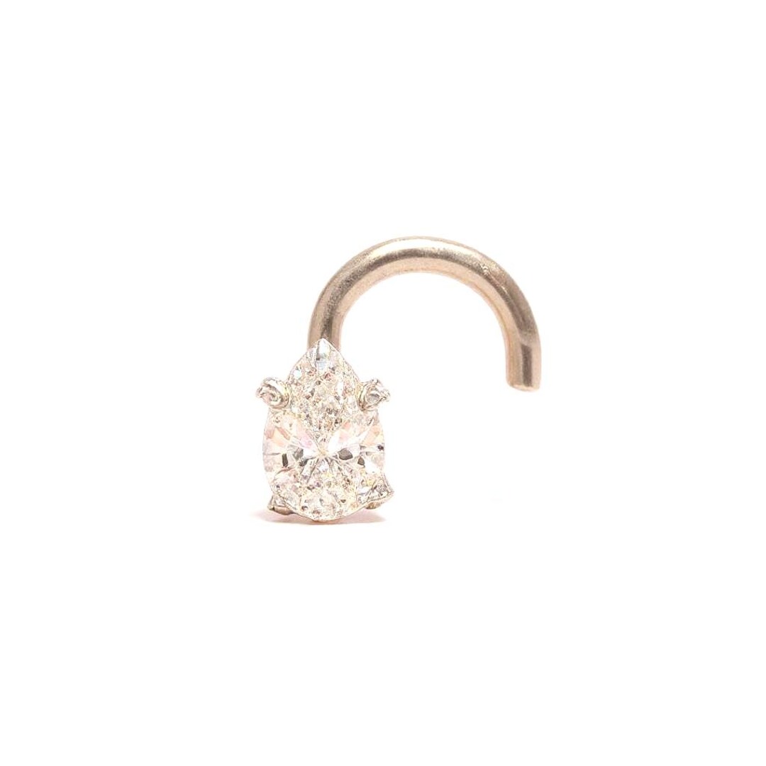 Natural Diamond Tear Drop Shape 14K Solid Real Gold , 20 GAUGE, Nose ...