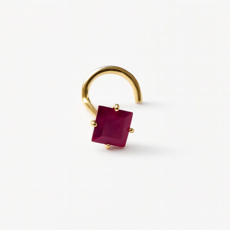 Princess Cut Shape Red Ruby 14K Gold Nose Ring 20GA , Optional Gemstone ...