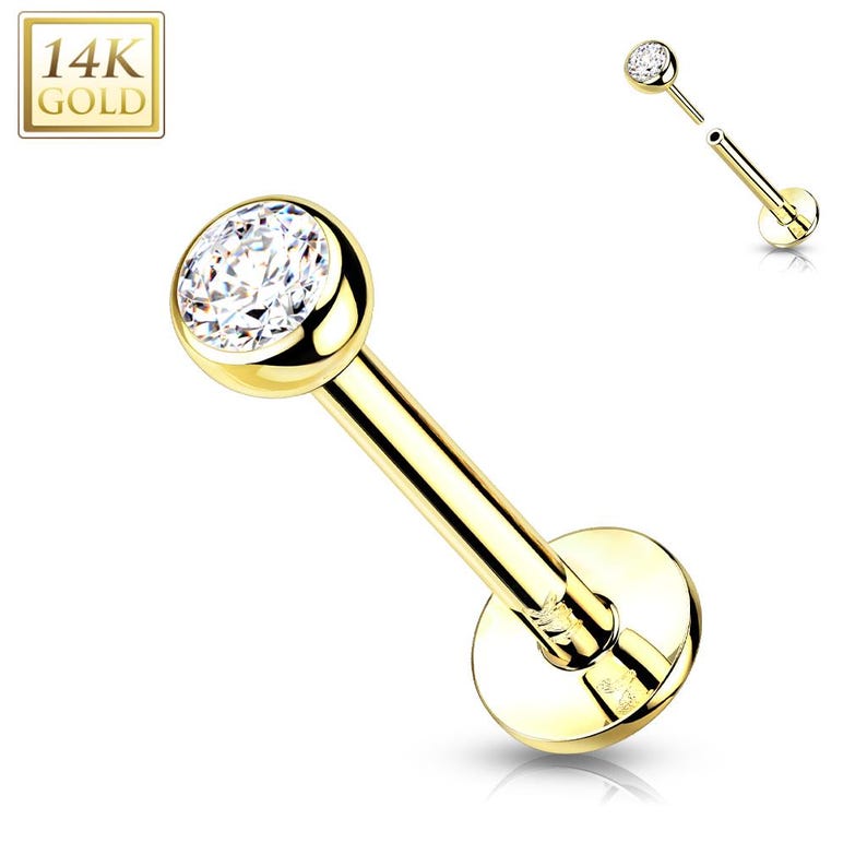 14K Gold Threadless Push-in Labret With Round Bezel Top 18GA Available ...