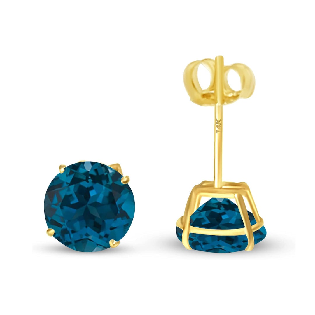 London Blue Topaz 14K Real Yellow Gold Light Weight Gold Push Backing ...