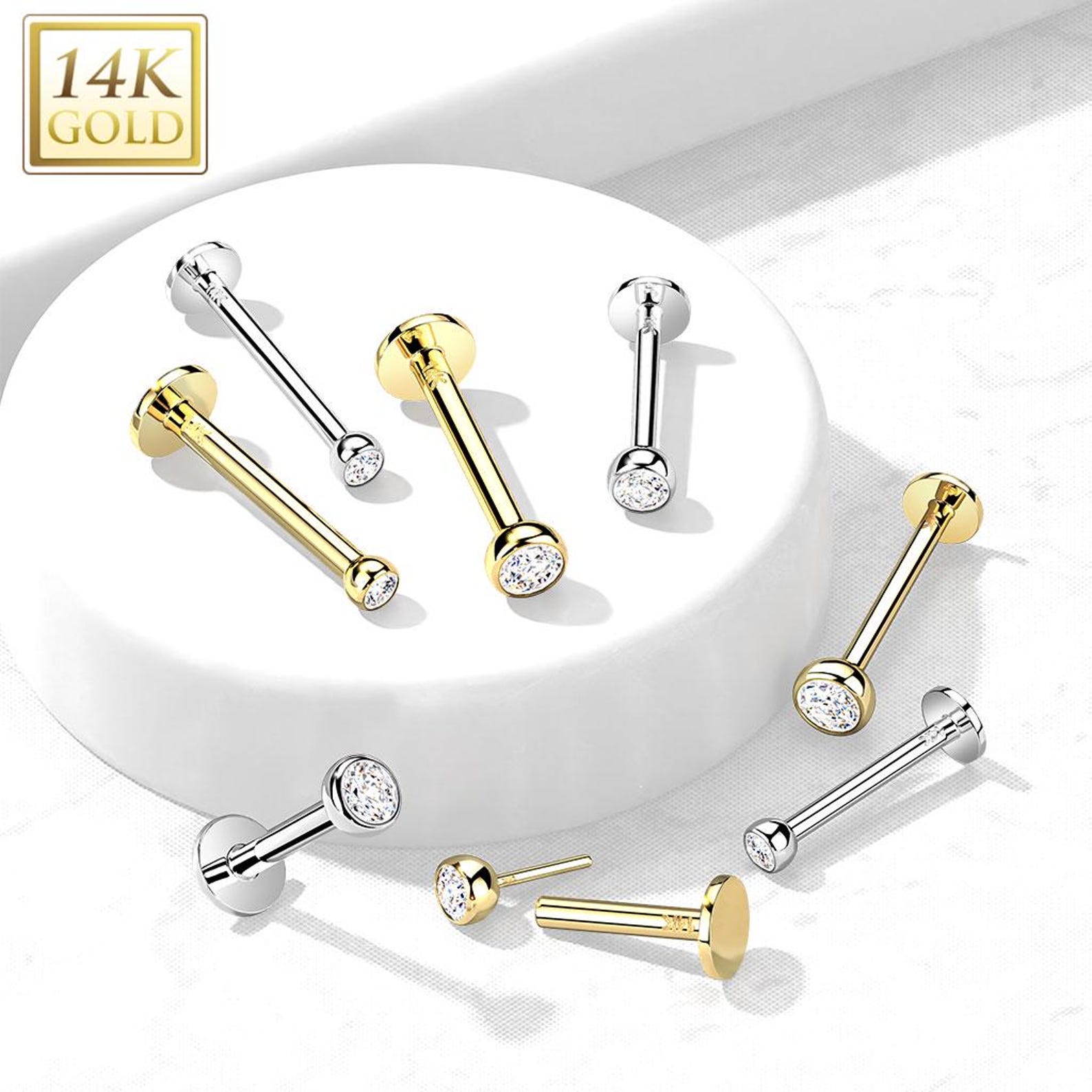 14K Gold Threadless Push-in Labret With Round Bezel Top 18GA Available ...