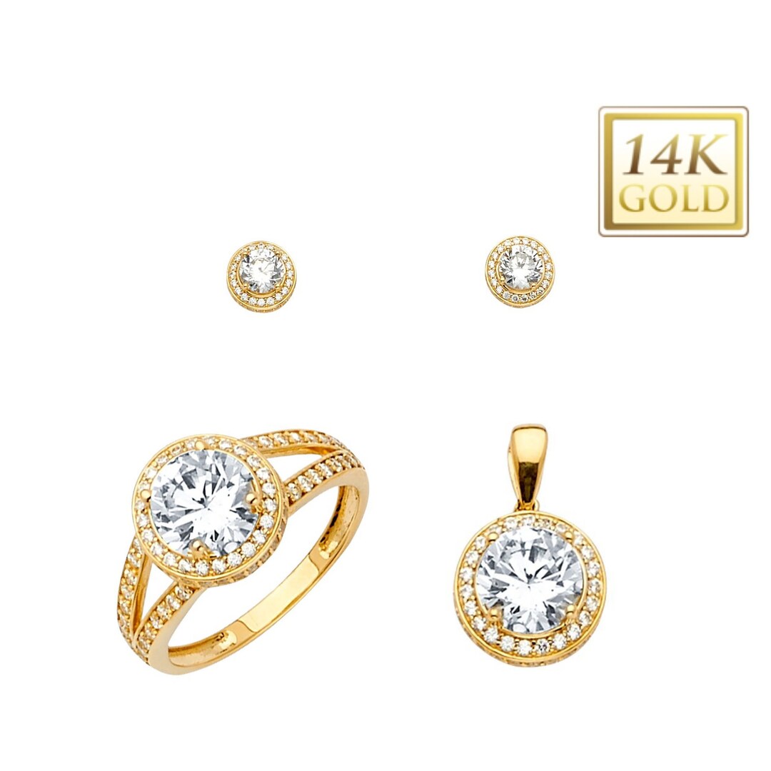 14K Gold Halo Round CZ Collection , Real Gold , for Women's Gift and ...