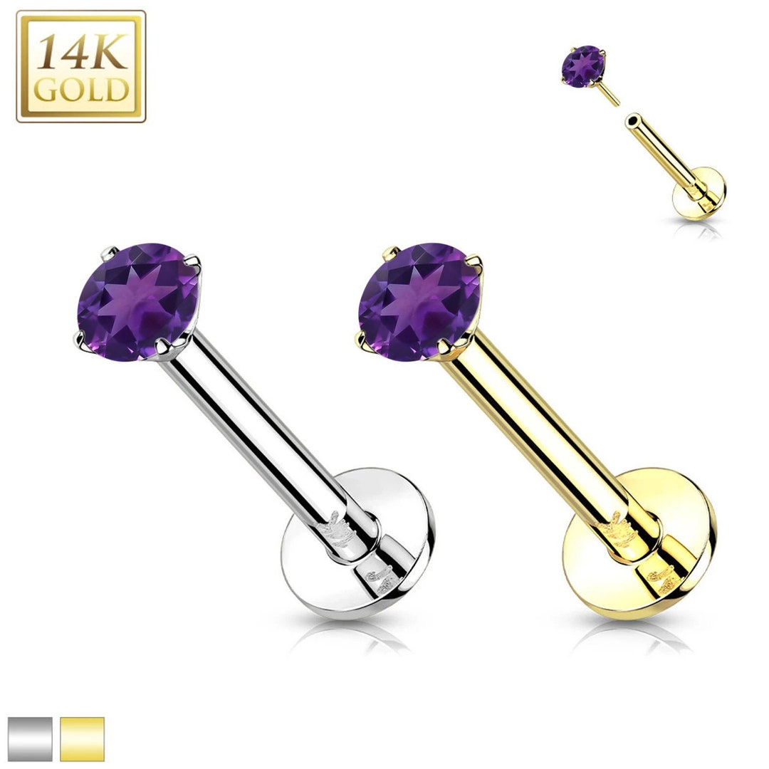 Amethyst 14K Gold Threadless Push-in Labret 18 GAUGE, Flat Back Studs ...