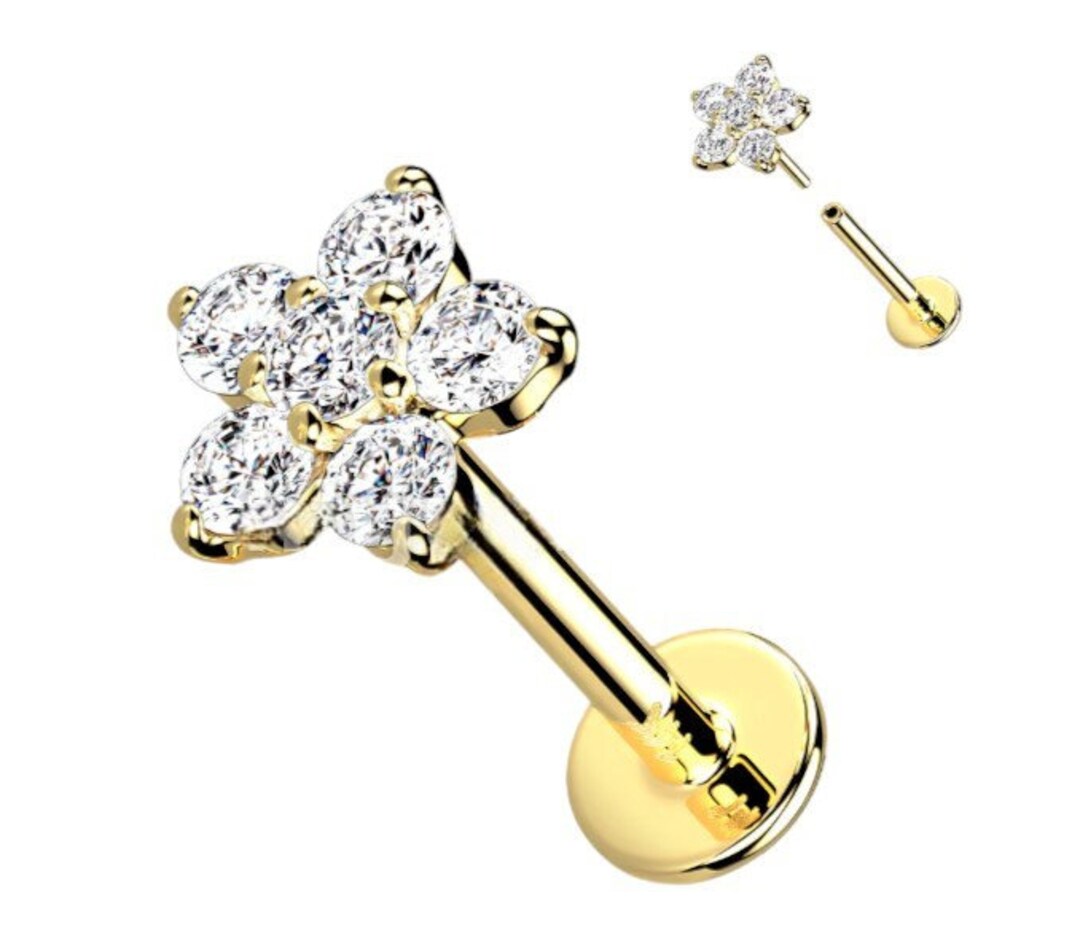 14K Gold Threadless Push-in Labret 16 GA or 18 GA CZ Flower Top Labret ...